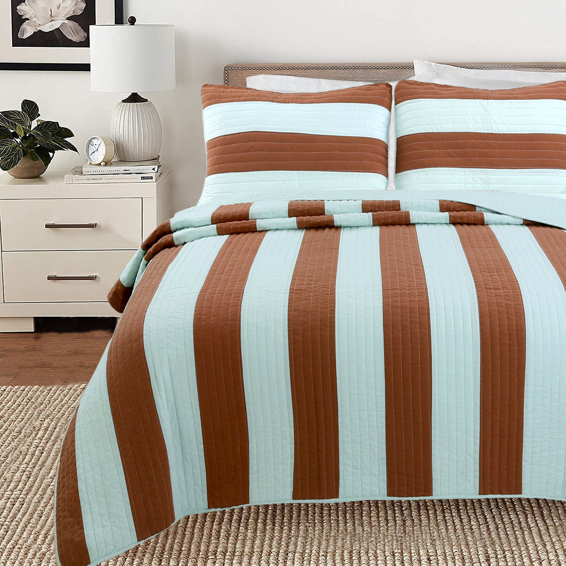 Elaina Brick Red Aqua Striped 3-Piece Cotton Reversible Quilt Bedding ...