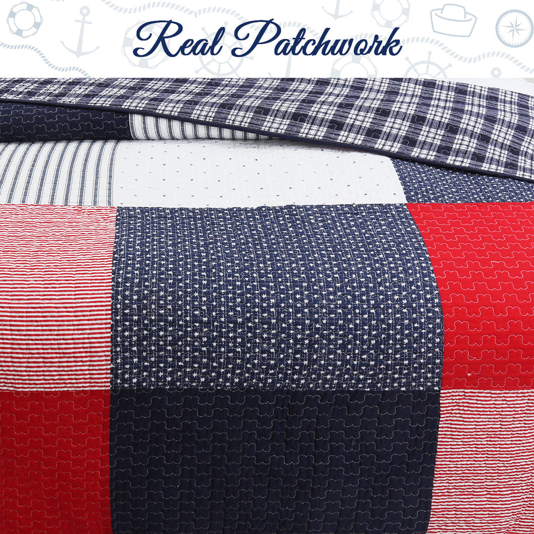 Patriotic Real Patchwork Plaid Red White Blue Cotton Reversible Quilt ...