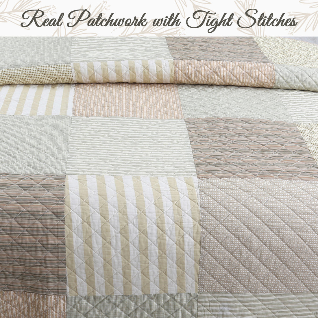 Earth Tone Brown Tan Beige Stripe Checker Real Patchwork 3-Piece Cotto ...