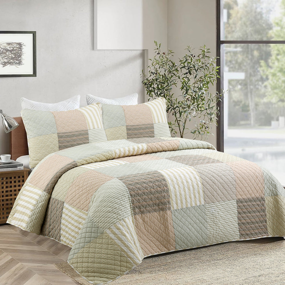 Earth Tone Brown Tan Beige Stripe Checker Real Patchwork 3-Piece Cotto ...